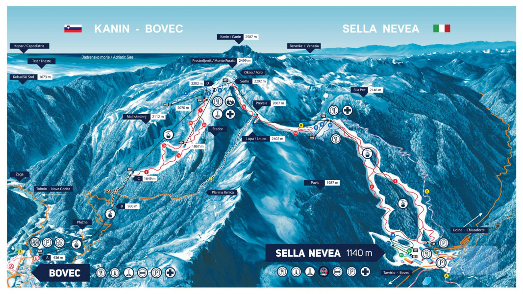 Sella Nevea - Bovec Kanin Trail Map • Piste Map • Panoramic Mountain Map