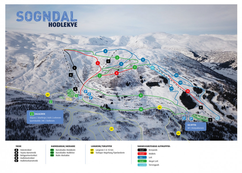 Pistenplan Sogndal - Hodlekve • Offene Lifte & Pisten • Skipanorama